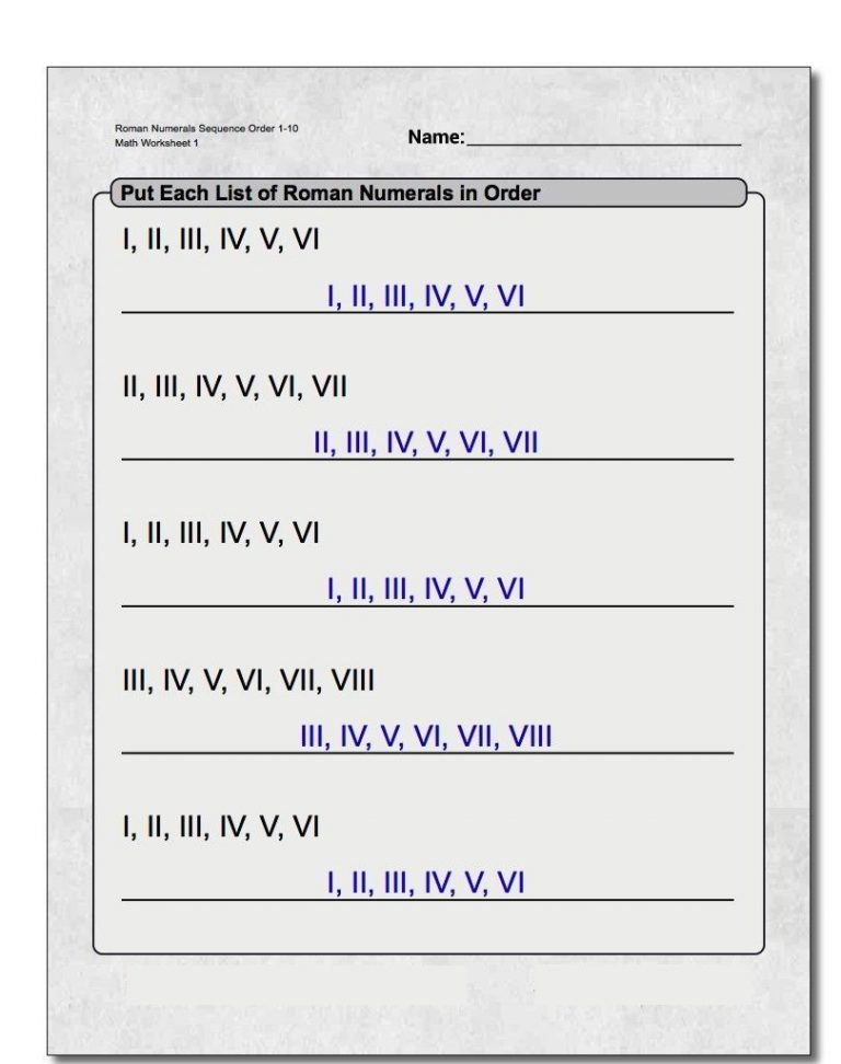 Roman Numerals 1-10 Chart Free Printable Template
